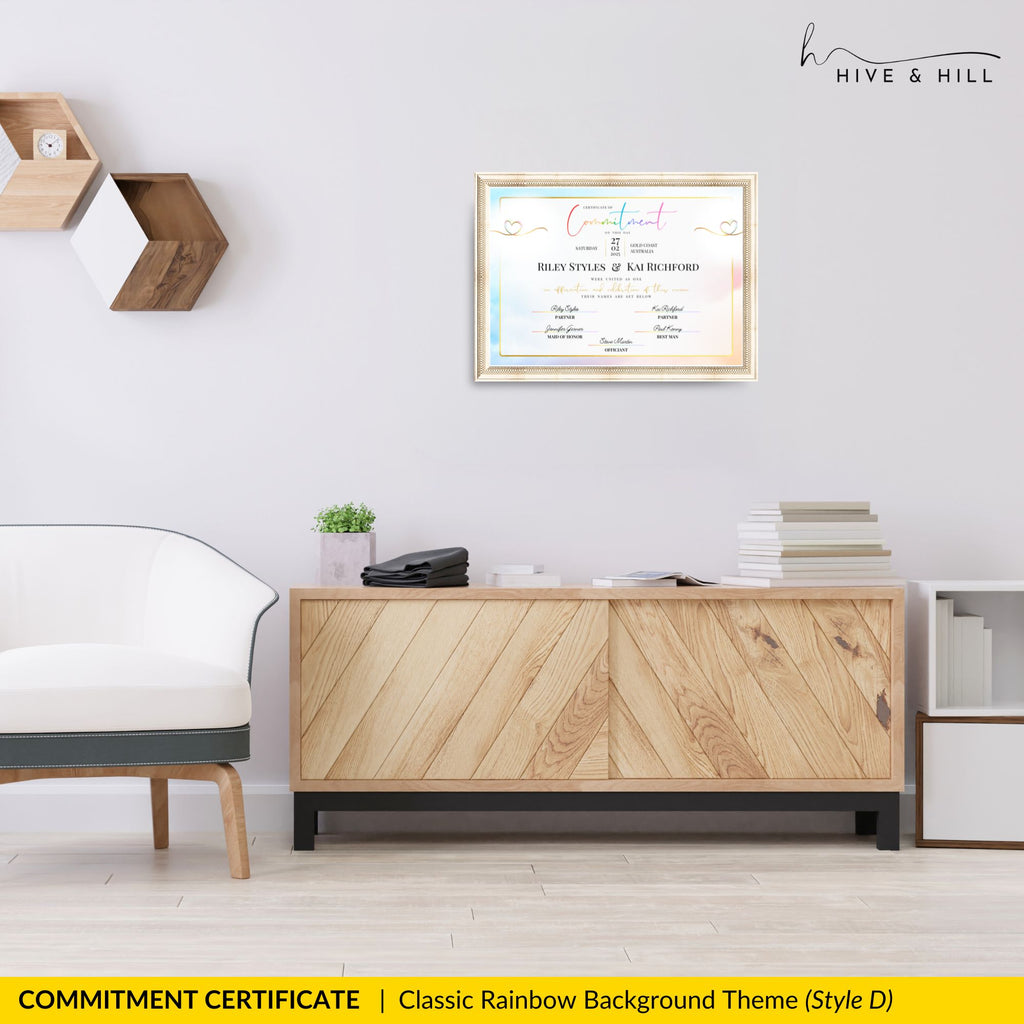 Framed All Love Wins landscape commitment certificate above cabinet in ...